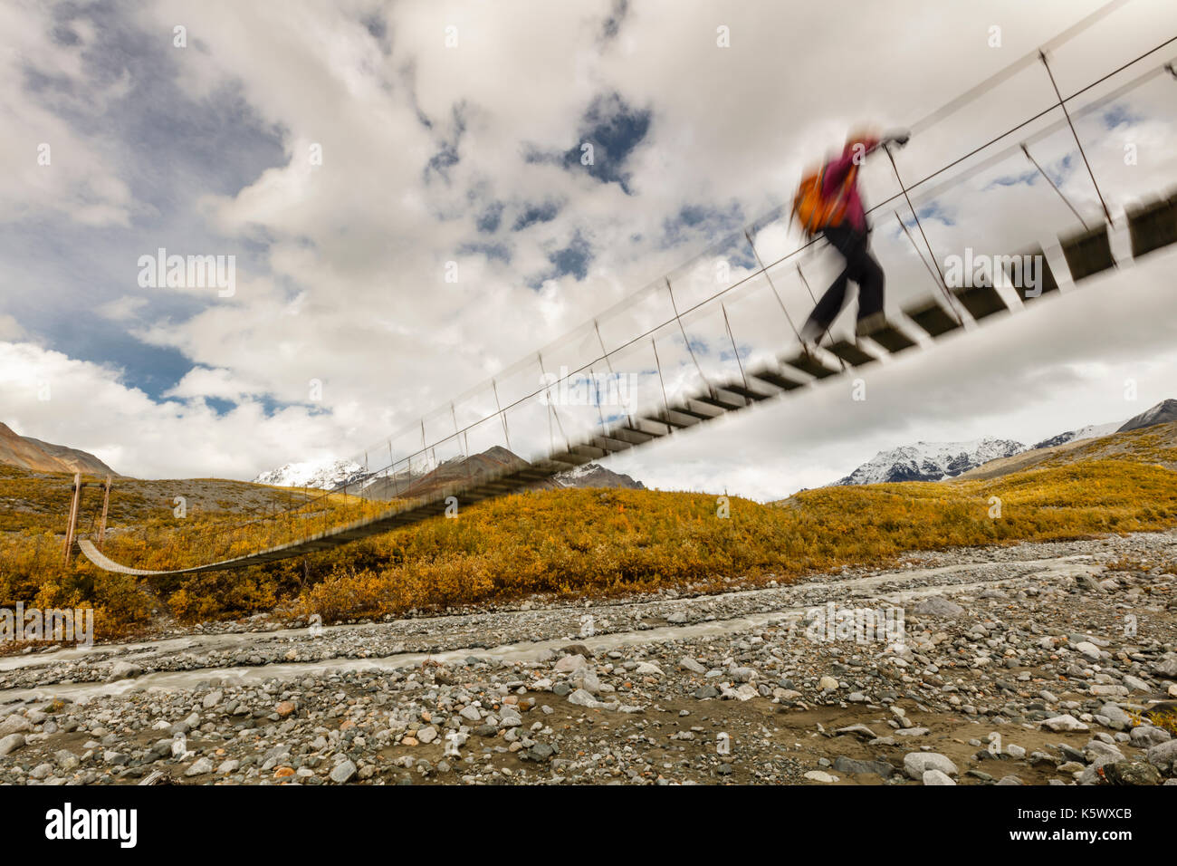 Shaky suspension bridge as hiker crosses over glacial melt streams in ...