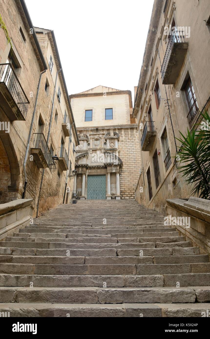 Medieval stone stairs leading to the church of Sant Marti Sacosta in ...
