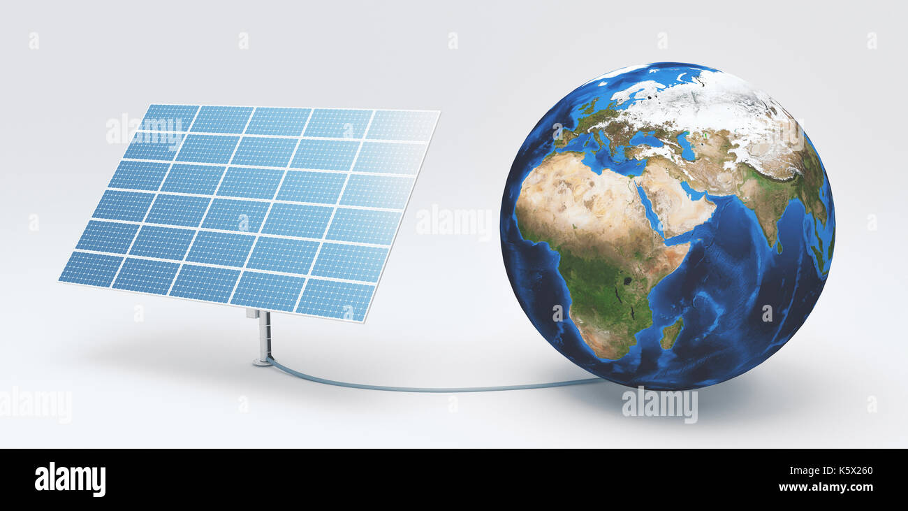 Solar panels with world, green planet, 3d render illustration Stock ...