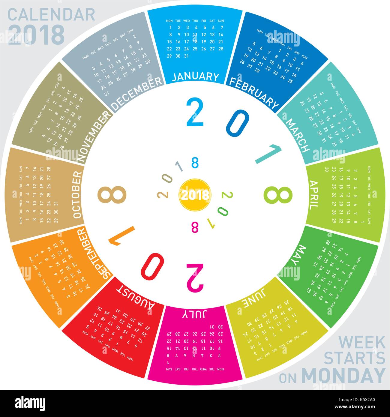 Colorful calendar for 2018. Circular design. Week starts on Monday ...