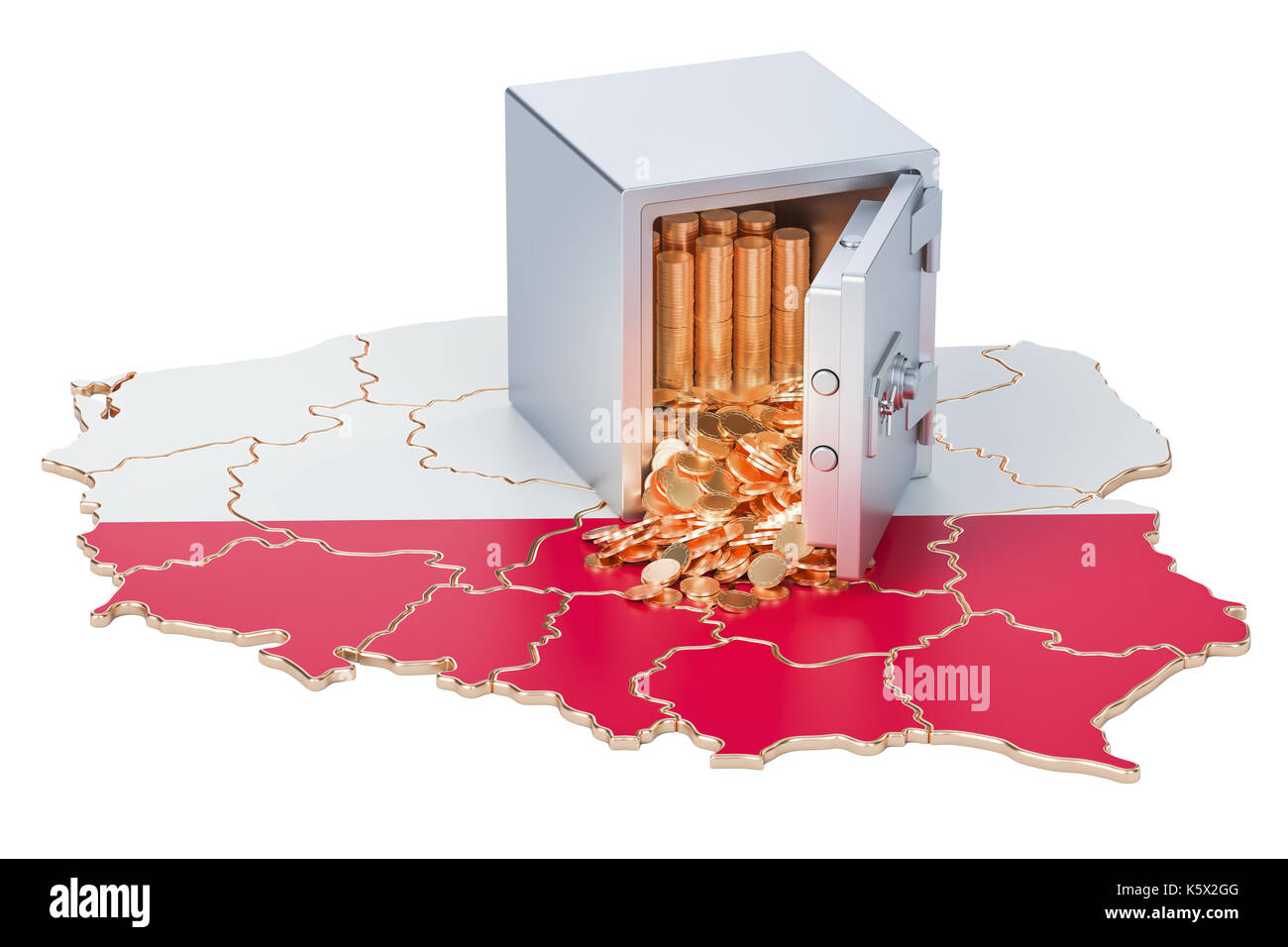 Safe box with golden coins on the map of Poland, 3D rendering isolated ...