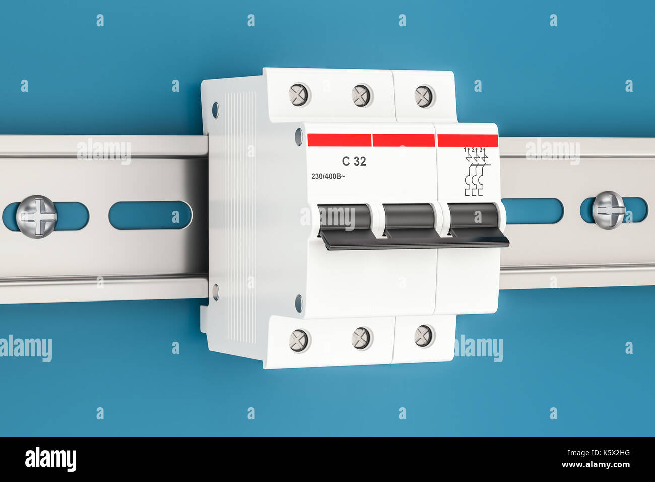 Three-pole miniature circuit breaker on the wall, 3D rendering Stock ...