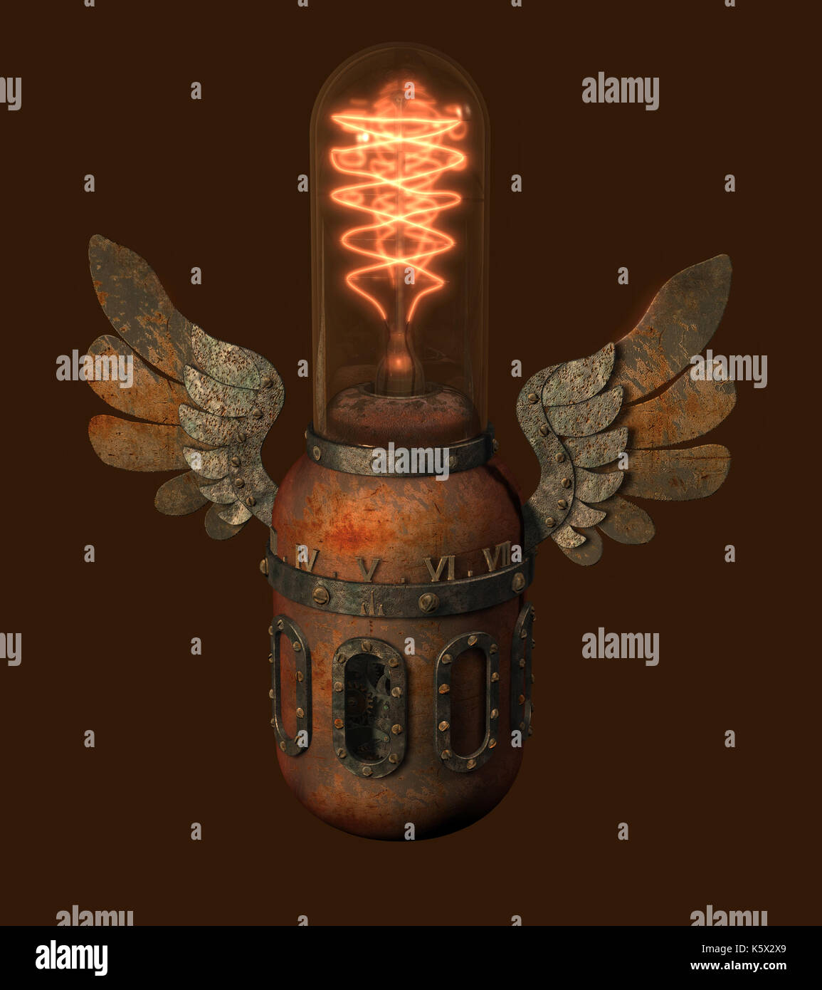 Rendered steampunk style Edison lamp with decorative wings and clock ...
