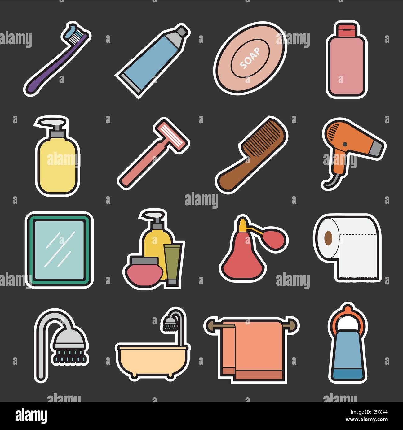 icon; bathroom; shower; vector; soap; toilet; hygiene; toothbrush; bath ...
