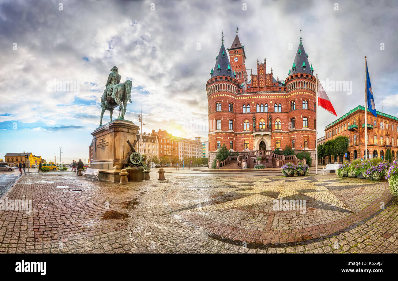 View on Helsingborg Town Hall from Stortorget square in rainy evening ...