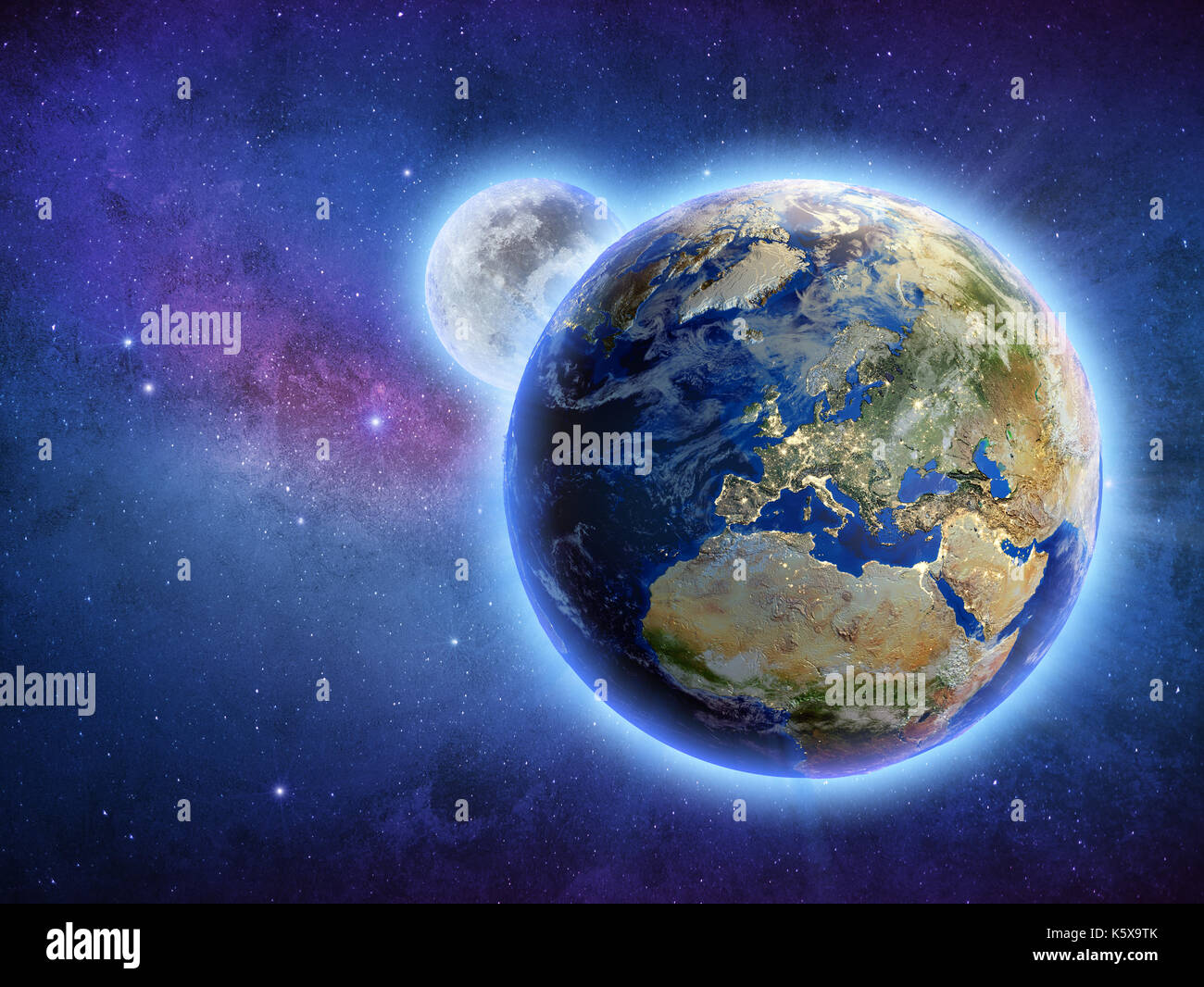 Galaxy universe planet Earth and Moon 3d rendering Stock Photo - Alamy