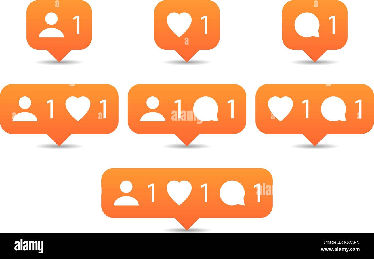 Like, follow, comment icons in flat style. Orange notification tooltip ...