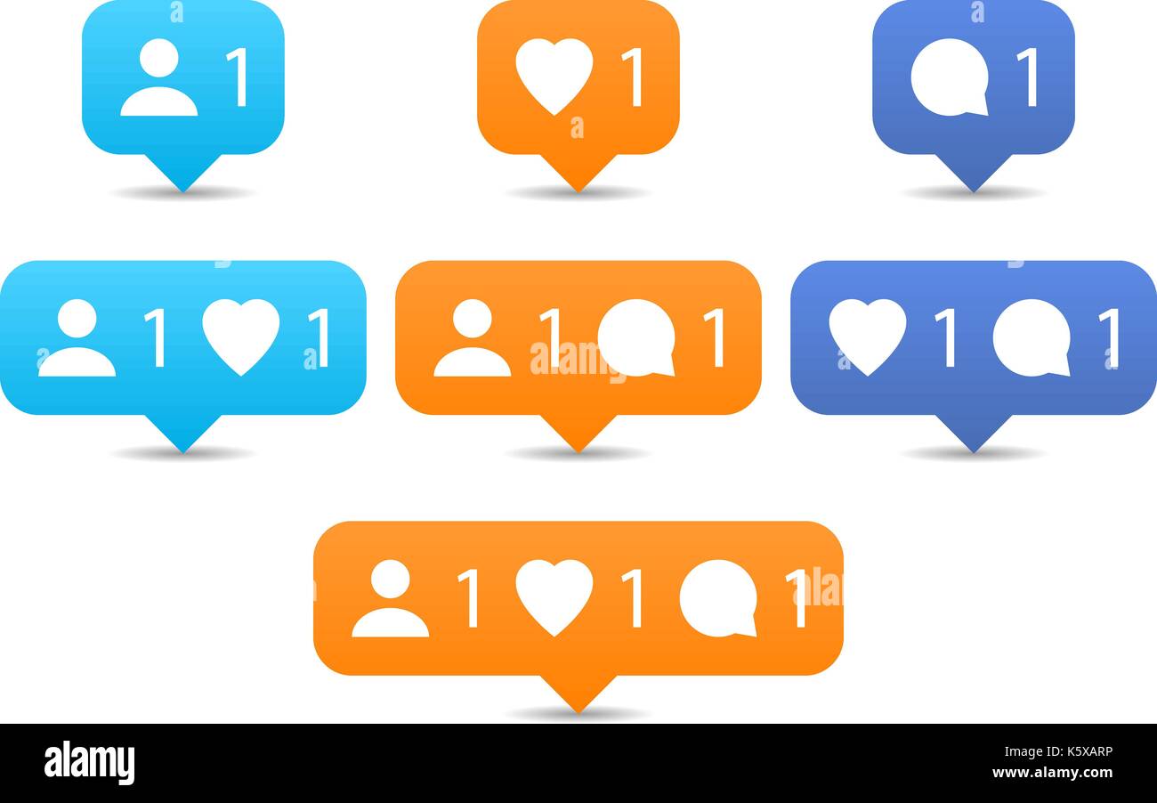Orange and blue notification tooltip with heart, user, speech bubble ...