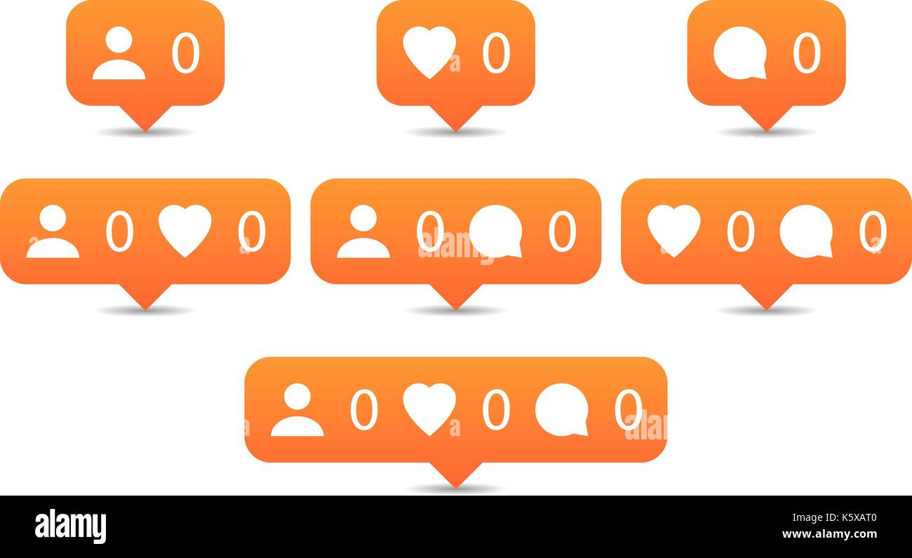 Like, follow, comment icons in flat style. Orange notification tooltip ...