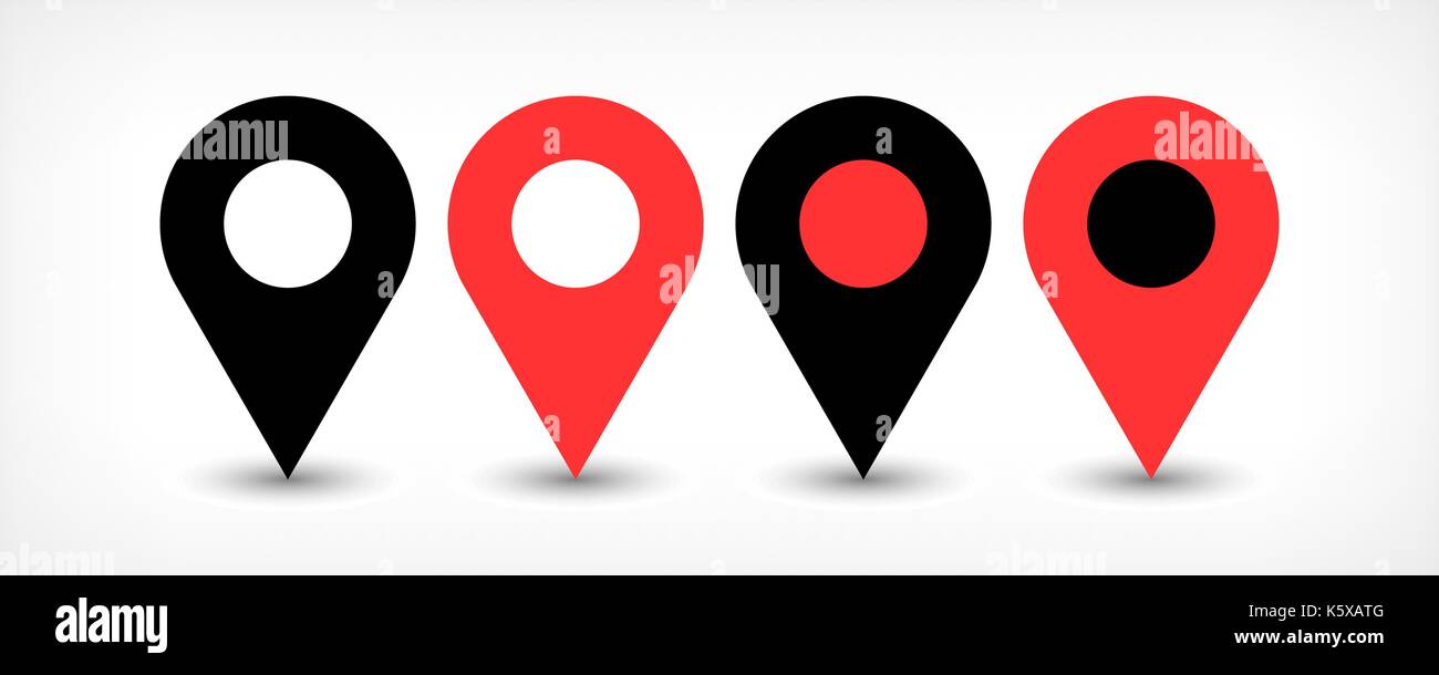 Map pin sign location icon with gray shadow in flat simple style. Four ...