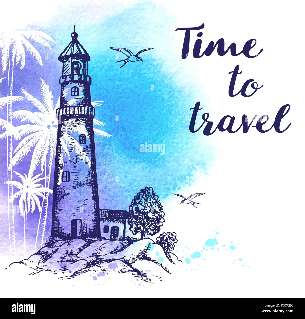 Vintage vector travel background with lighthouse and blue watercolor ...