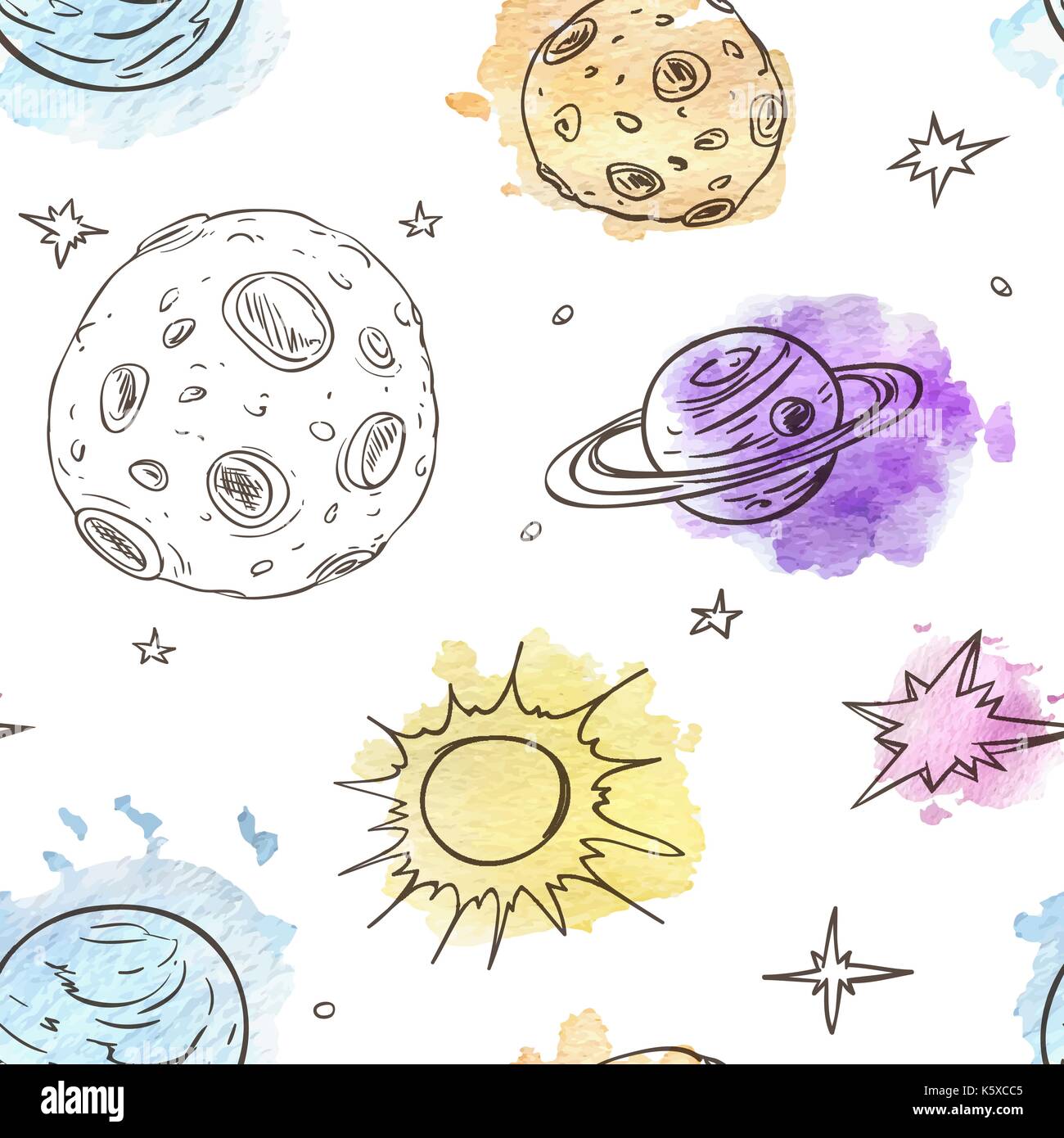 Vector hand drawn seamless pattern with planets and stars on a white ...