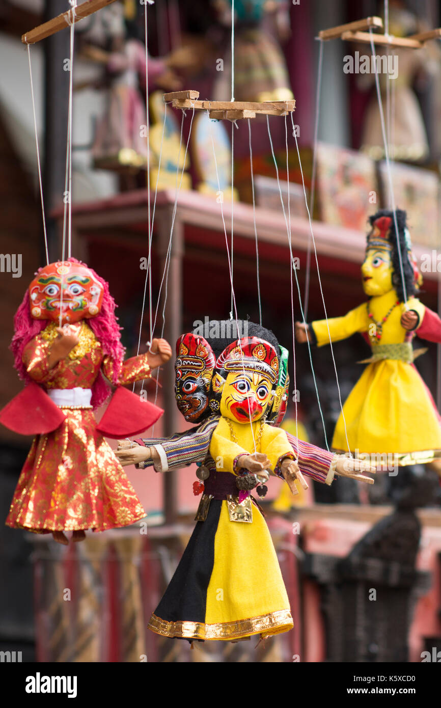 Hand made wooden hanging puppets for sale in Bhaktapur, Nepal Stock ...