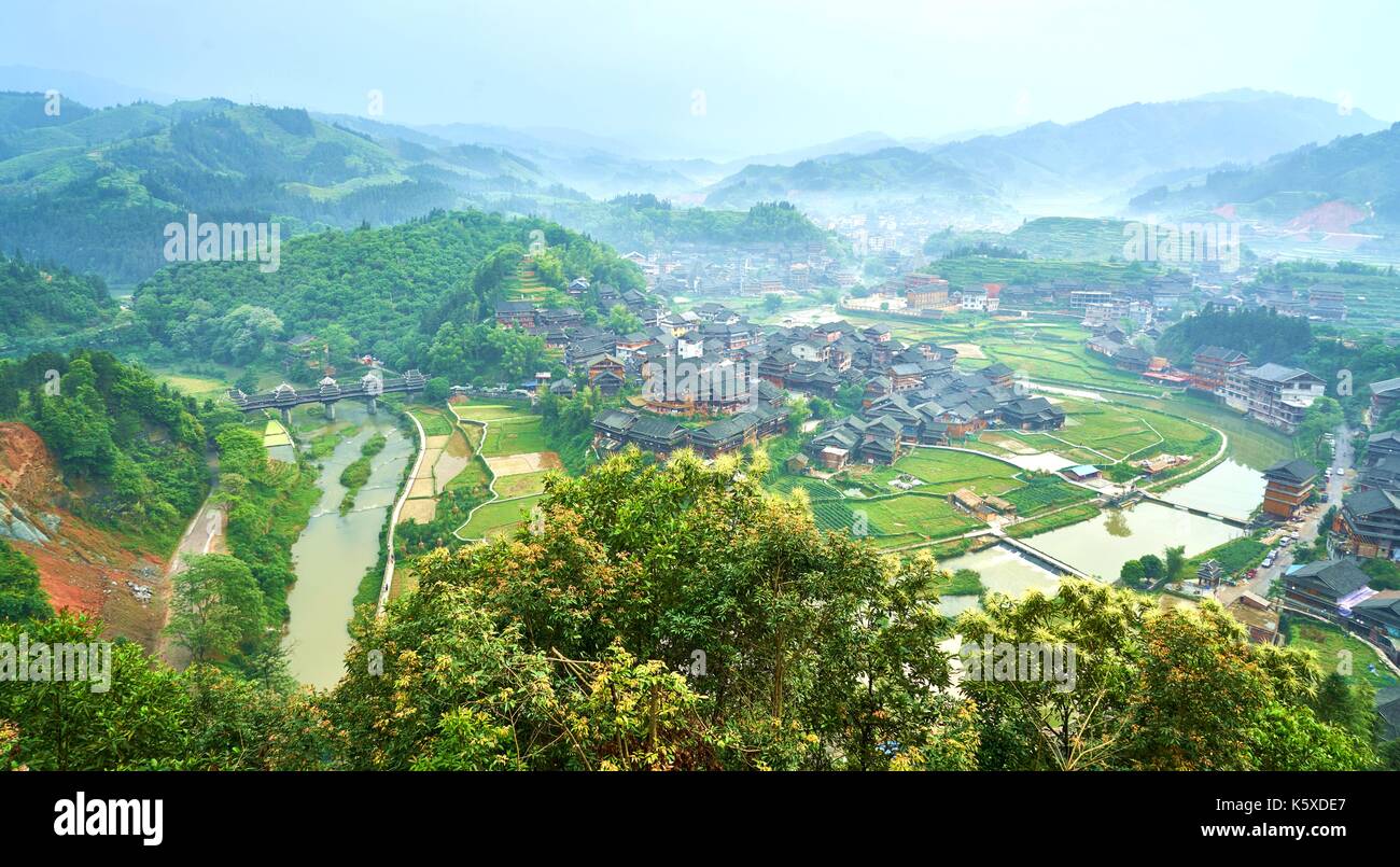 panorama of chinese Dong Village Sanjiang in the morning from the top ...