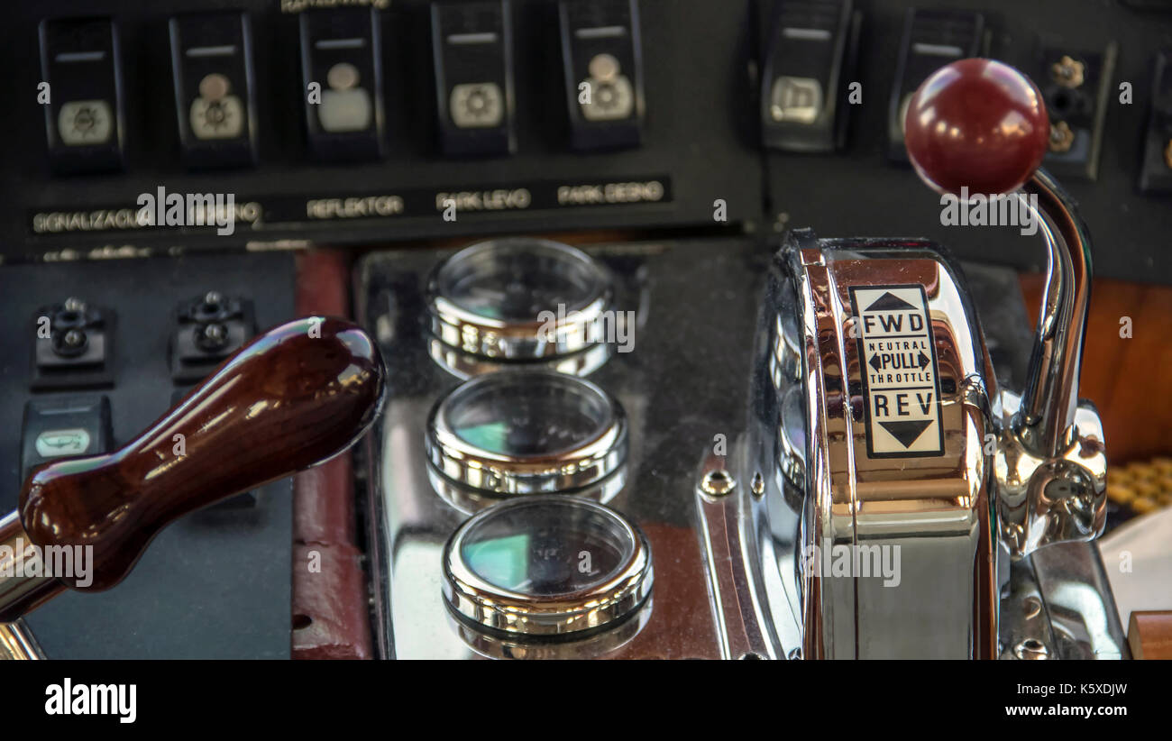 Steering wheel and instrument panel in a motor yacht cockpit Stock ...