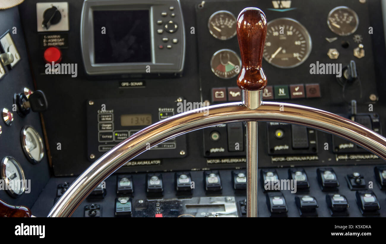 Steering wheel and instrument panel in a motor yacht cockpit Stock ...