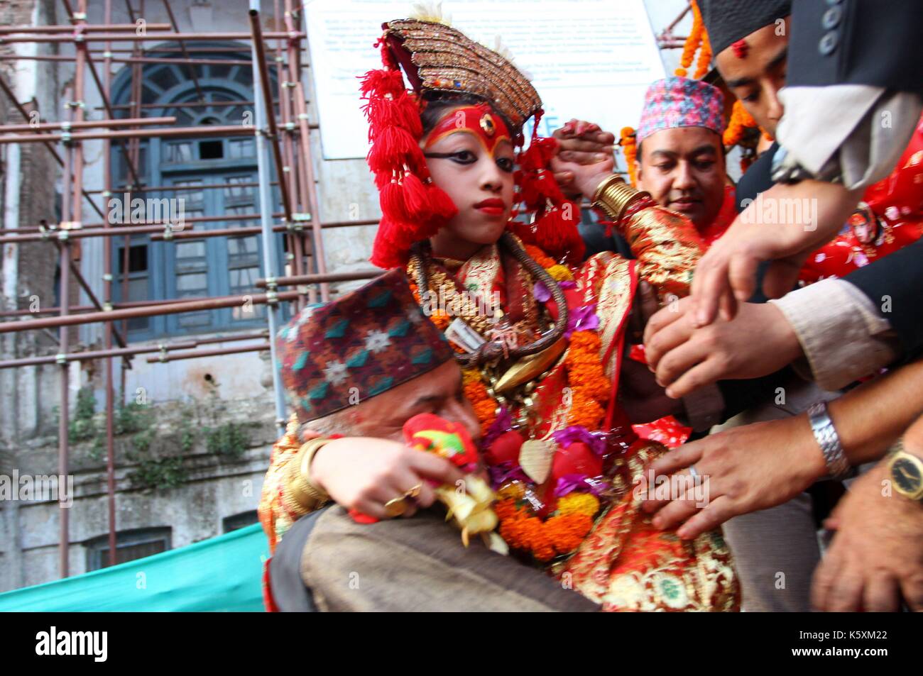 Kathmandu, Nepal. 10th Sep, 2017. Living Goddess Kumari is brought for ...