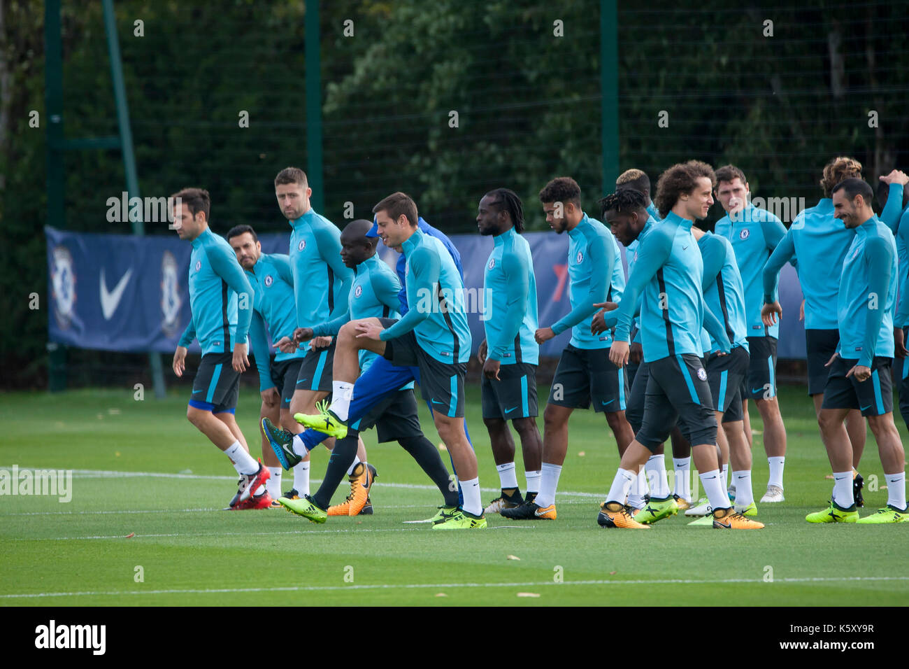 Cobham, UK. 11th Sep, 2017. Chelsea Football Club players train prior ...