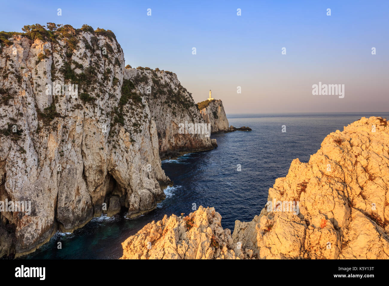 Lighthouse during sunrise. Cape Doukato, Lefkada island, Greece Stock ...