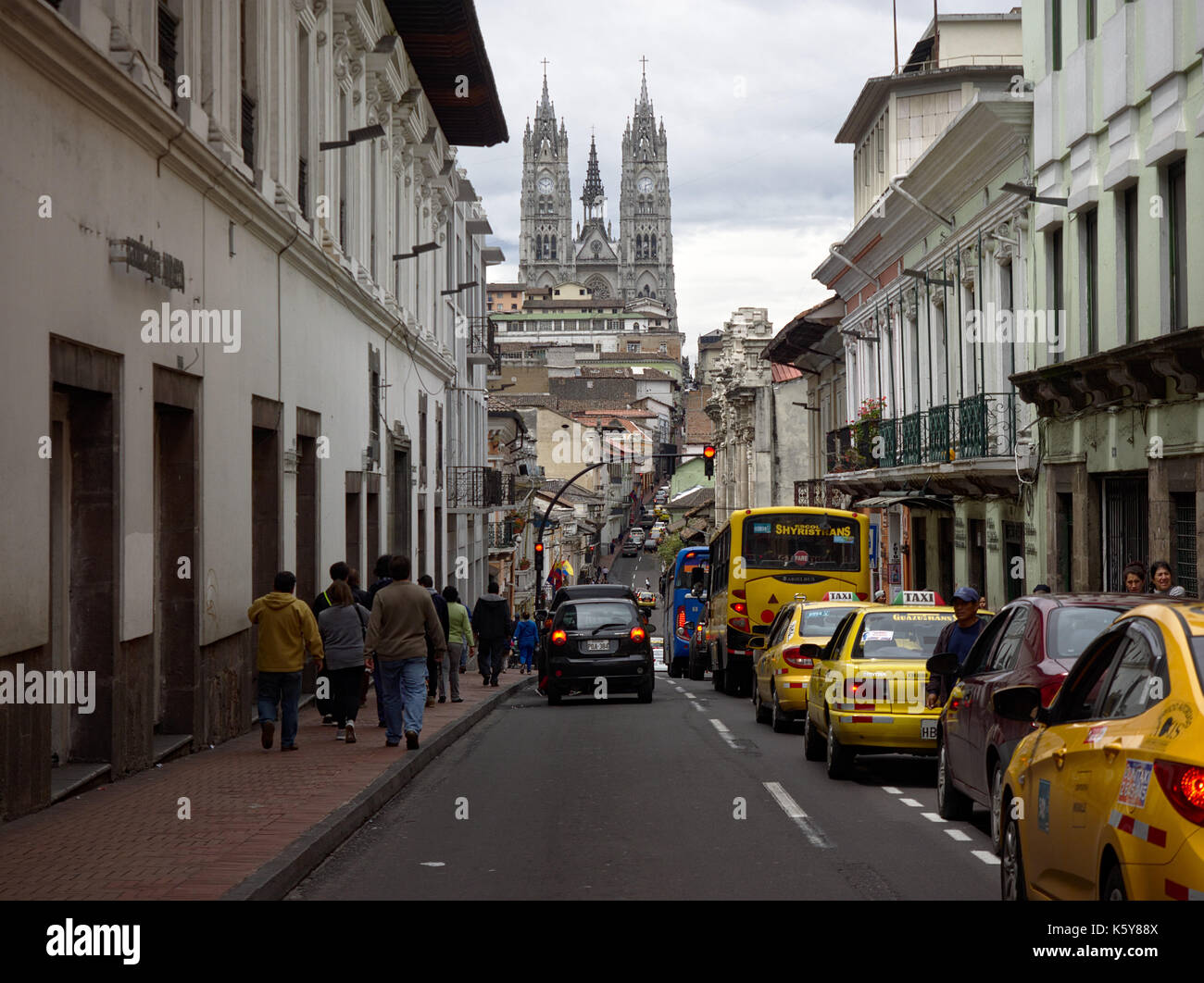 Quito, Ecuador - 2017: A street in the historic center, with the ...