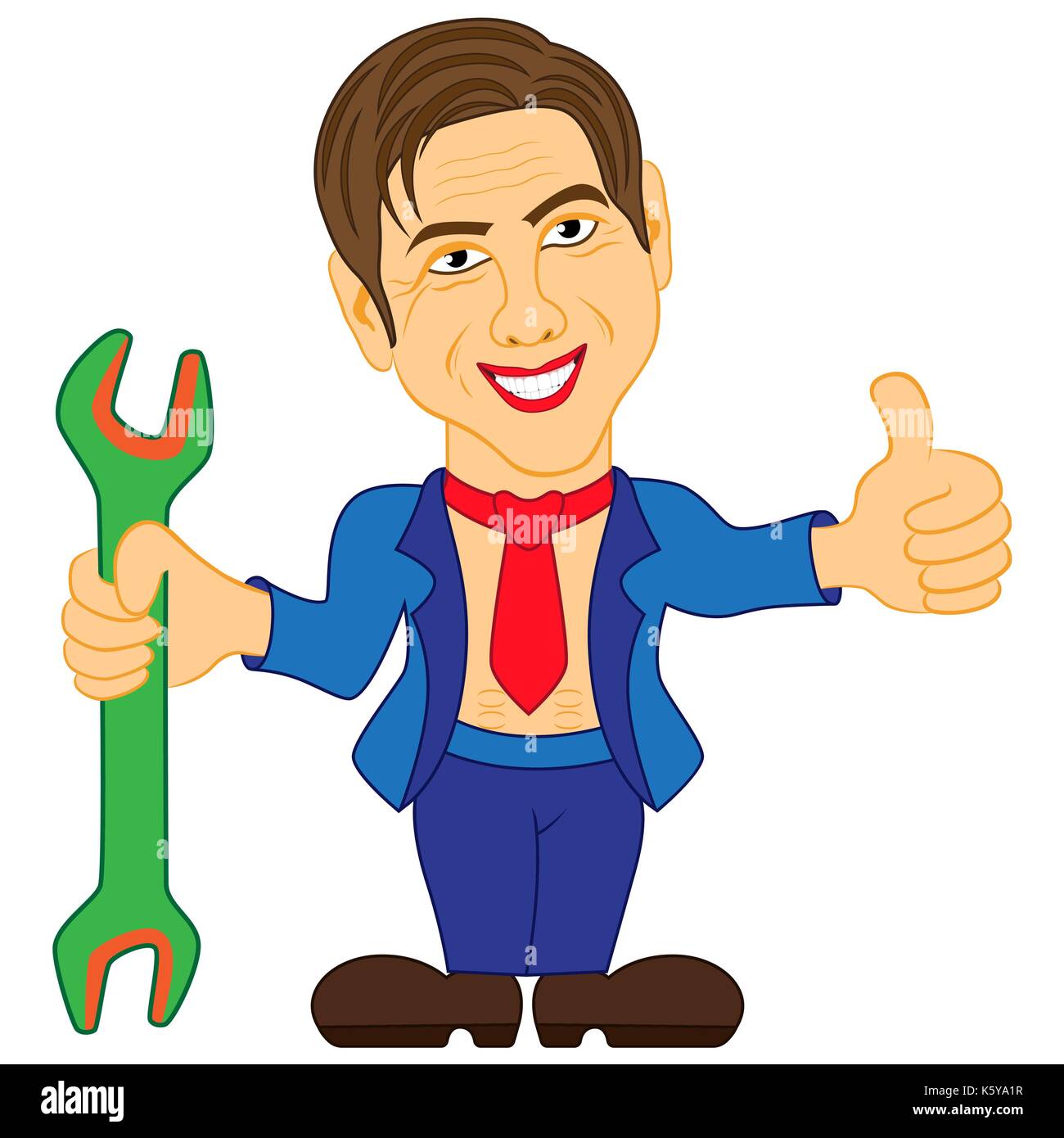 Plumber man holds in his hand a big wrench, color cartoon vector ...