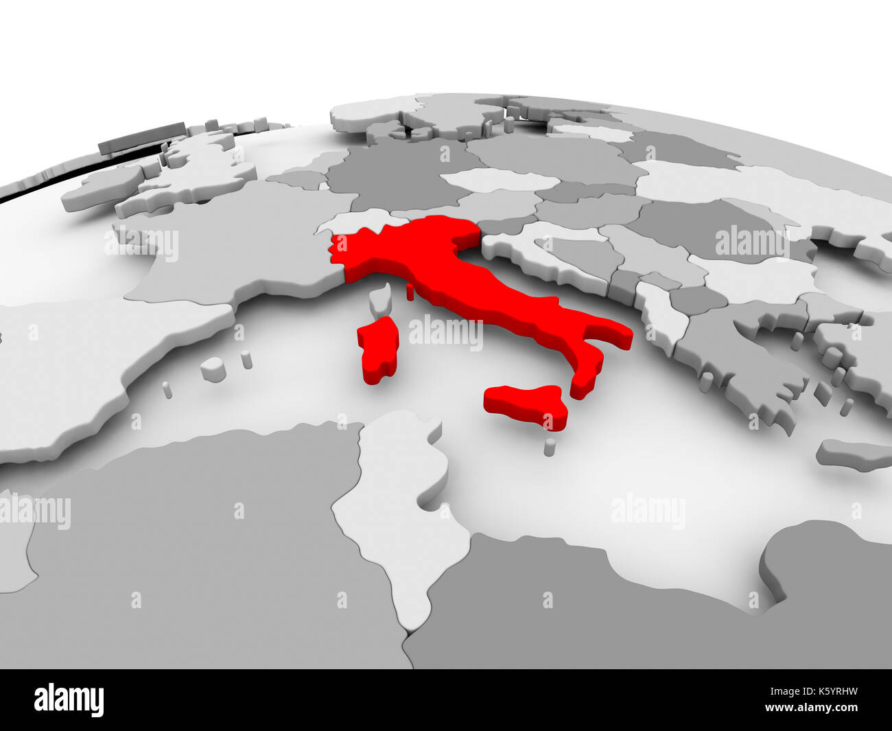 Italy in red on grey model of political globe. 3D illustration Stock ...