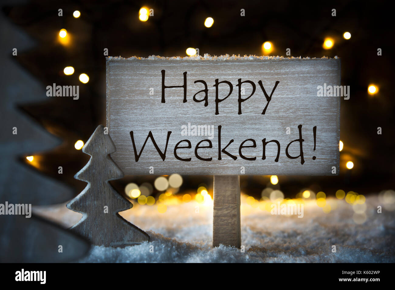 White Christmas Tree, Text Happy Weekend Stock Photo - Alamy