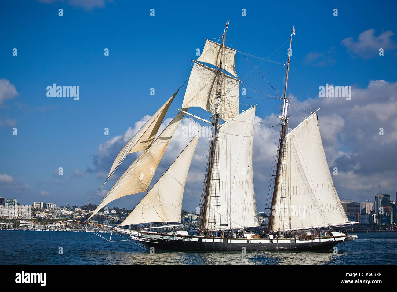 Tall ship Californian in San Diego Bay. The Californian is a replica of ...