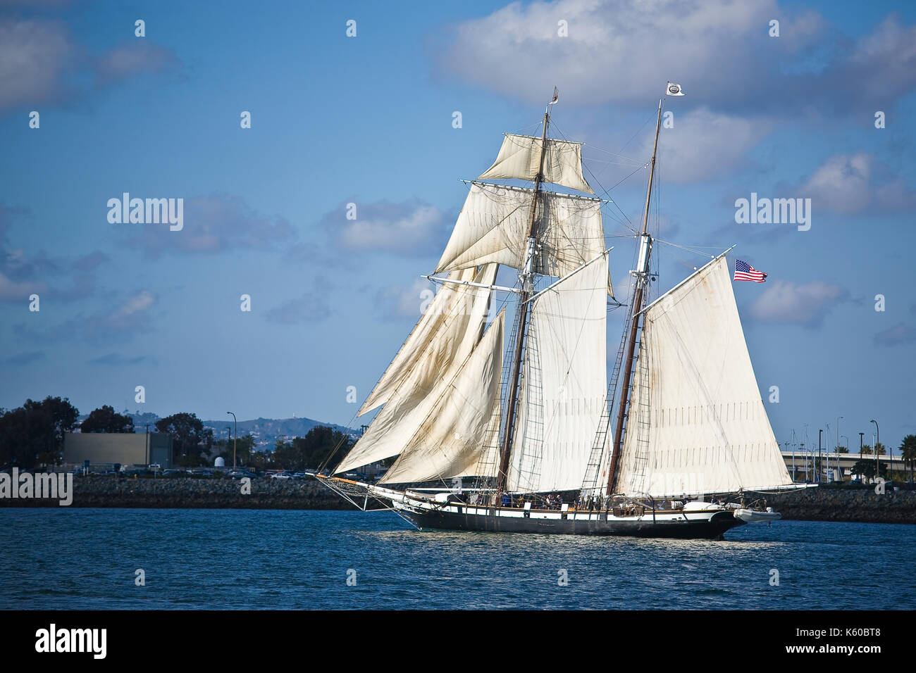 Tall ship Californian in San Diego Bay. The Californian is a replica of ...