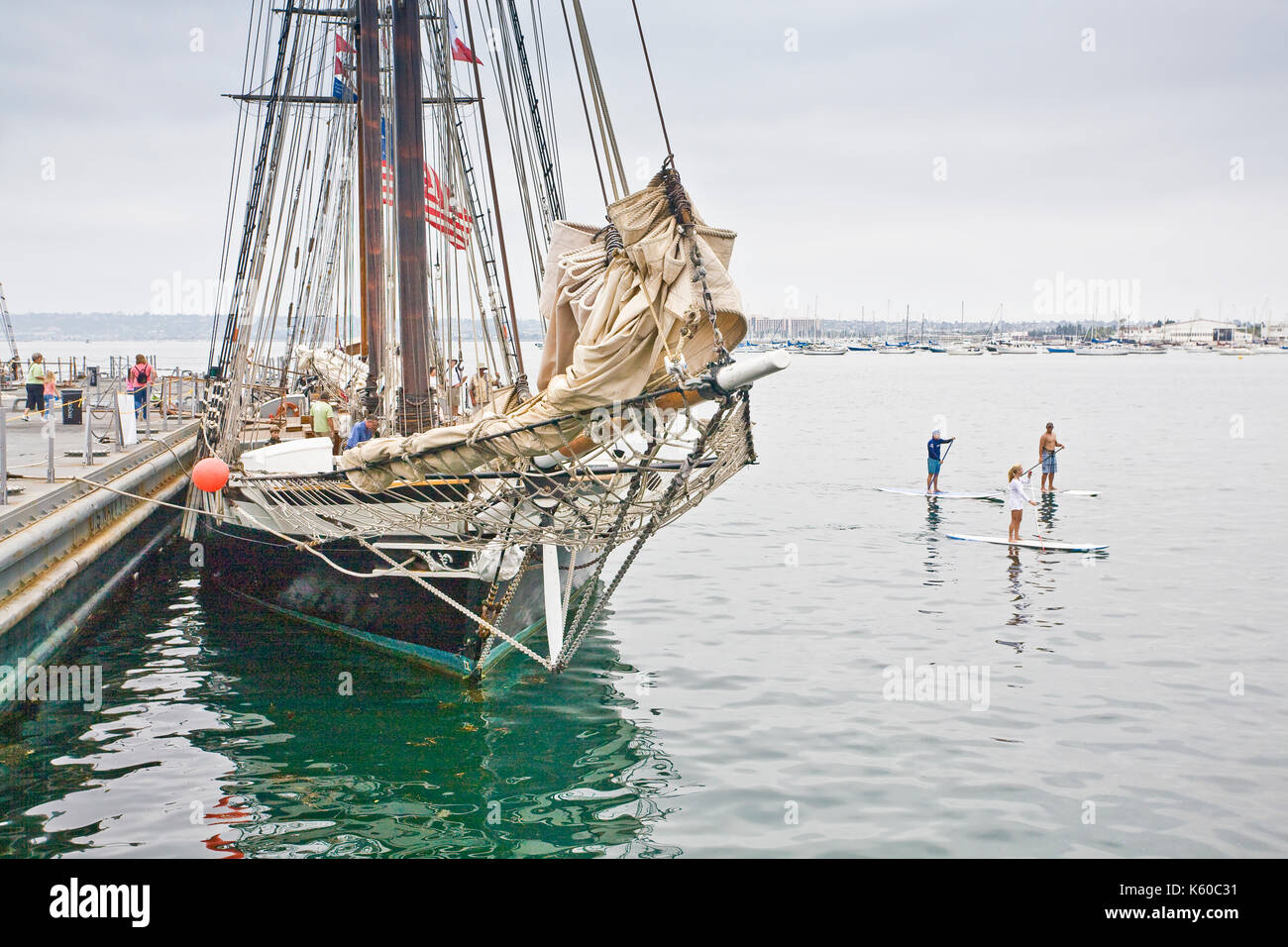 Tall ship Californian in San Diego Bay. The Californian is a replica of ...