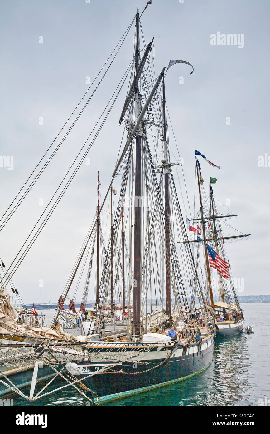 Tall ship Californian in San Diego Bay. The Californian is a replica of ...