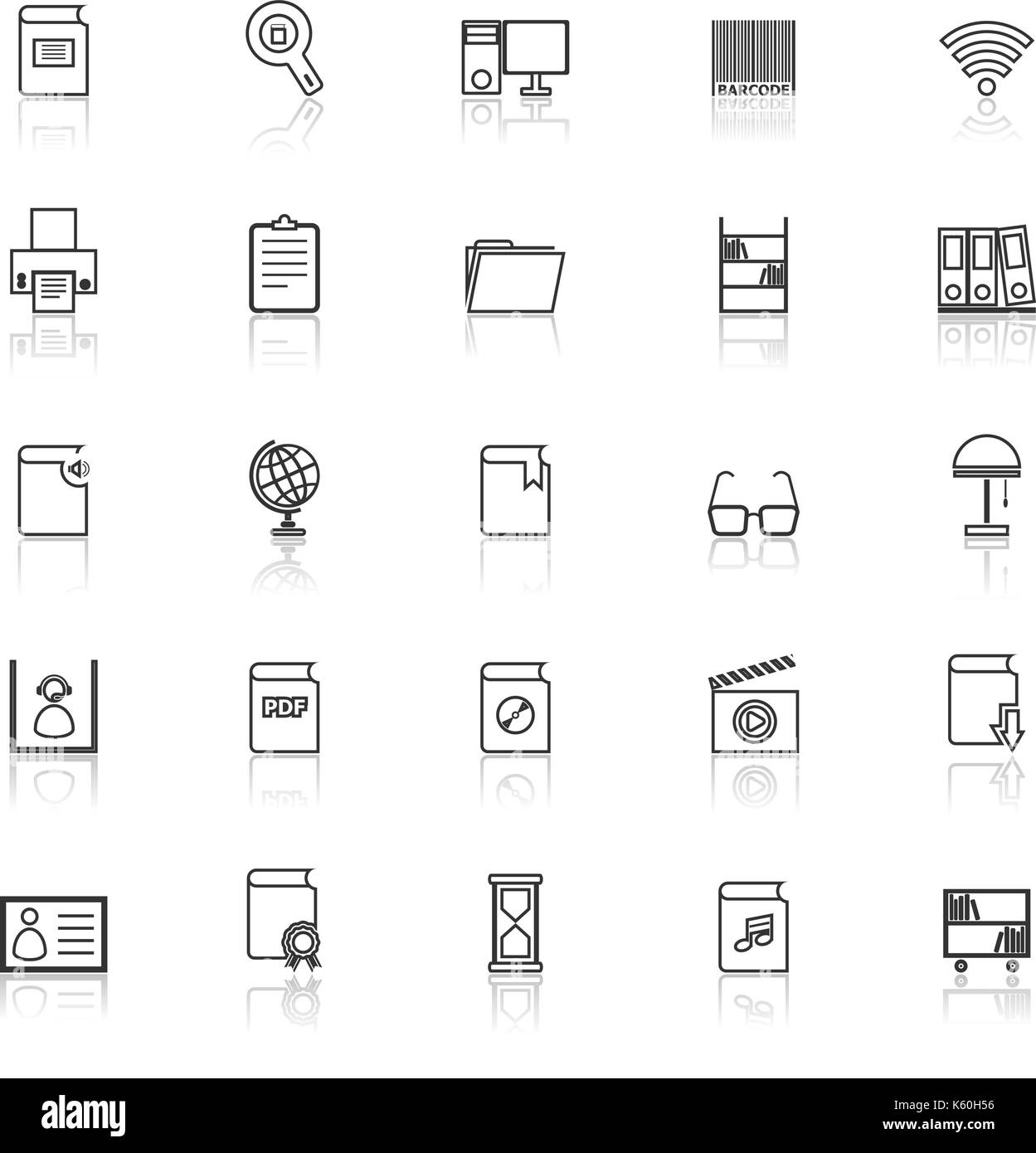 Library line icons with reflect on white background, stock vector Stock ...
