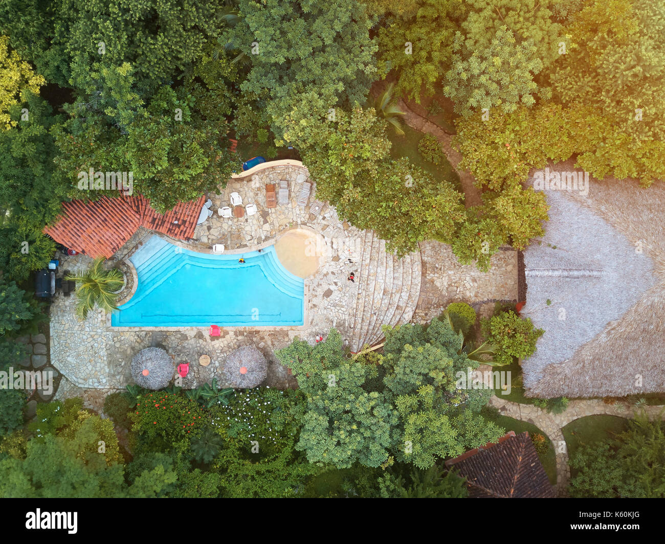 Aerial view on pool with blue water around natural green background ...