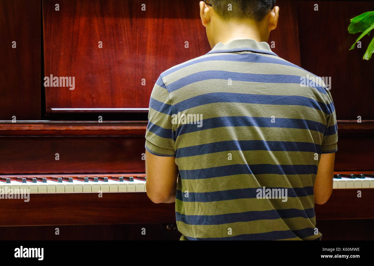 Back view of music performer playing piano at luxury hotel Stock Photo ...