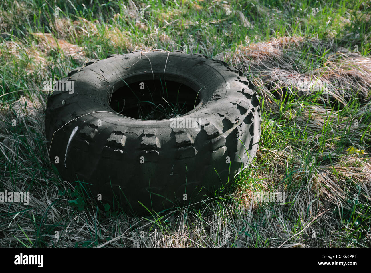 Old truck tire rubber lying on the grass Stock Photo - Alamy