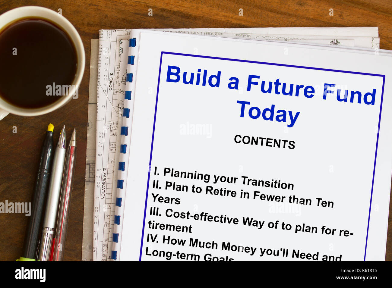 Retirement plan concept- with topics on a coversheet of a lecture Stock ...