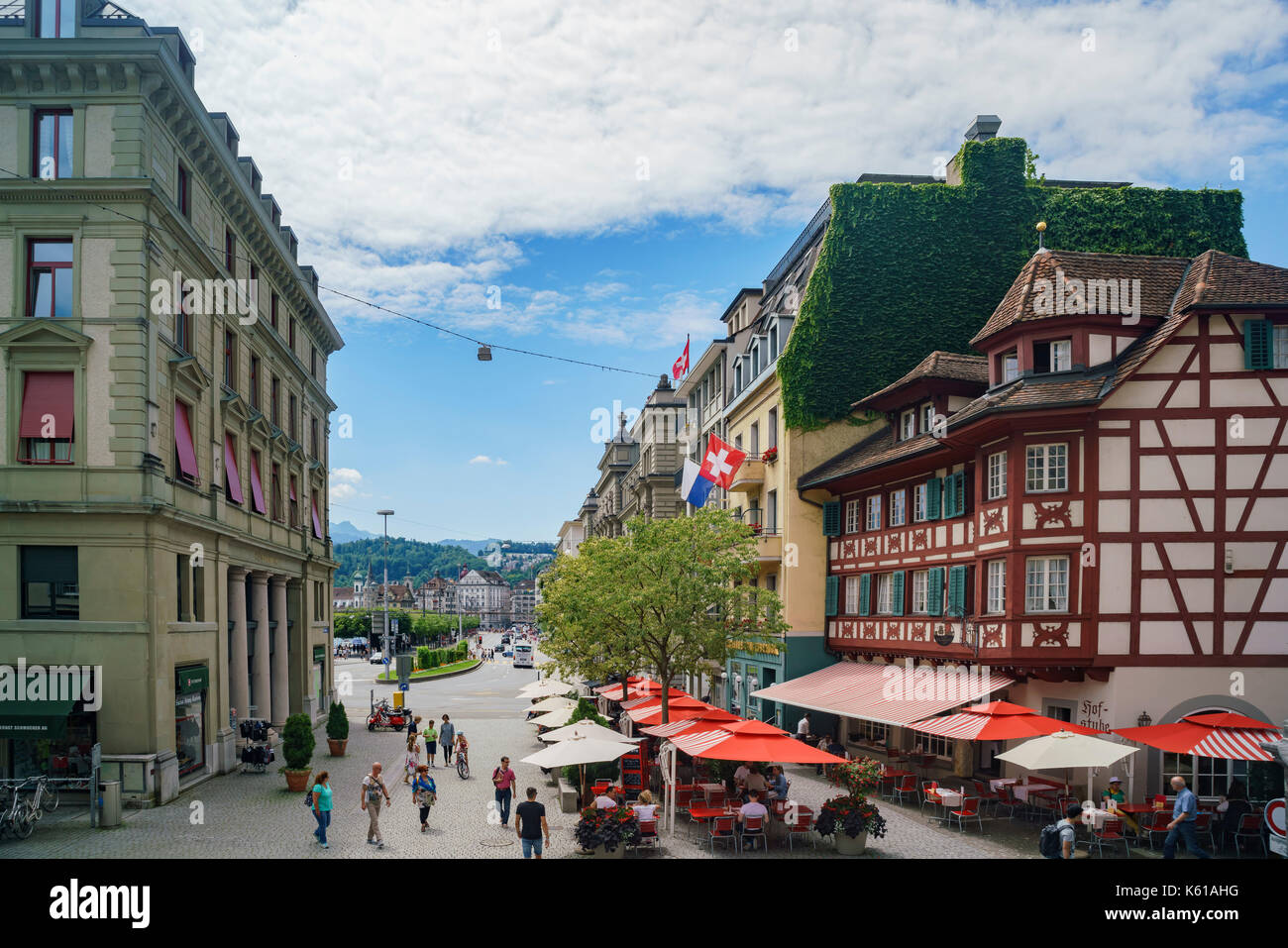 Lucerne, JUL 16: Houses and plaza in front of the famous Church of St ...