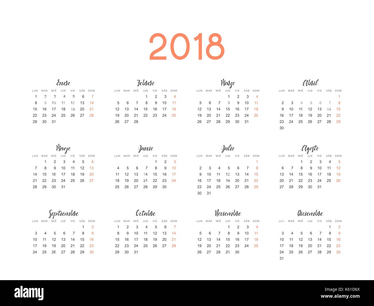 Simple template for printing modern calendar 2018 in Spanish. Week ...