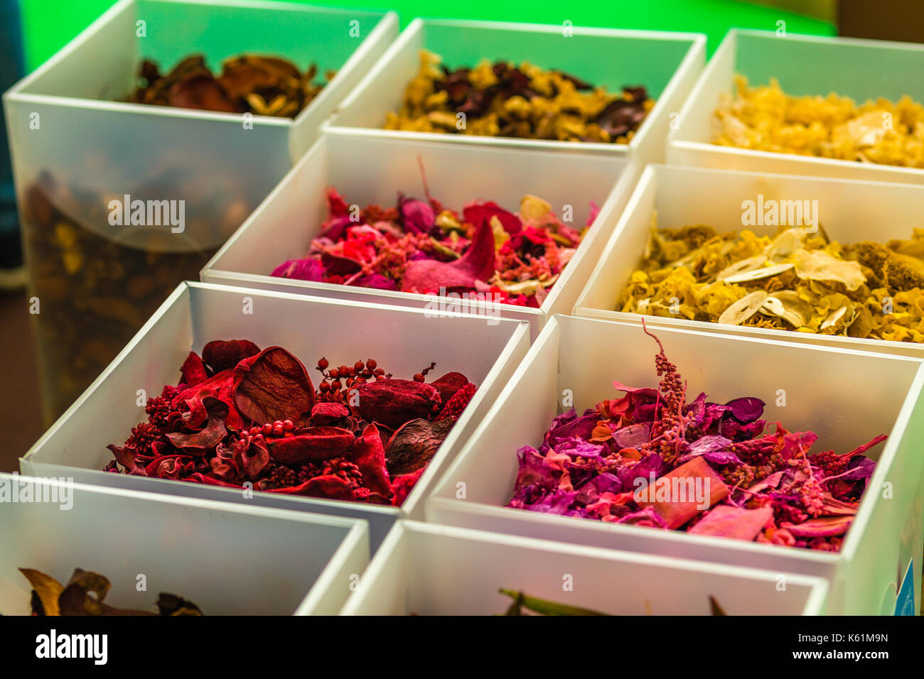 colorful scented potpourri in white boxes Stock Photo - Alamy