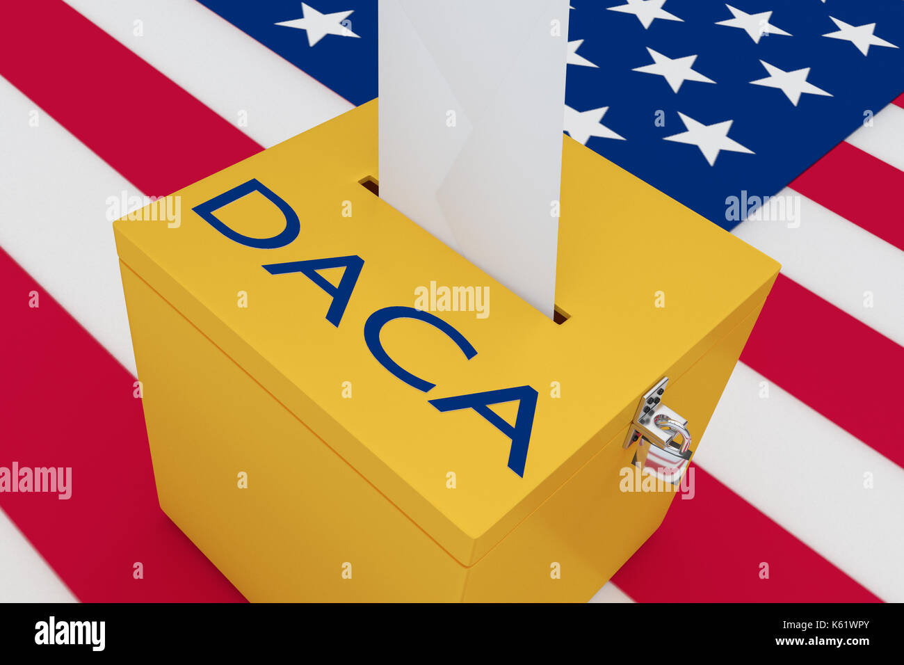 3D illustration of "DACA" script on a ballot box, with US flag as a ...
