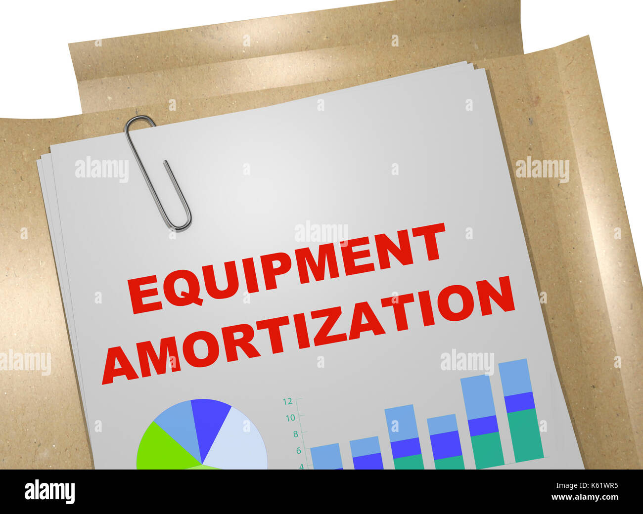 3D illustration of "EQUIPMENT AMORTIZATION" title on business document ...
