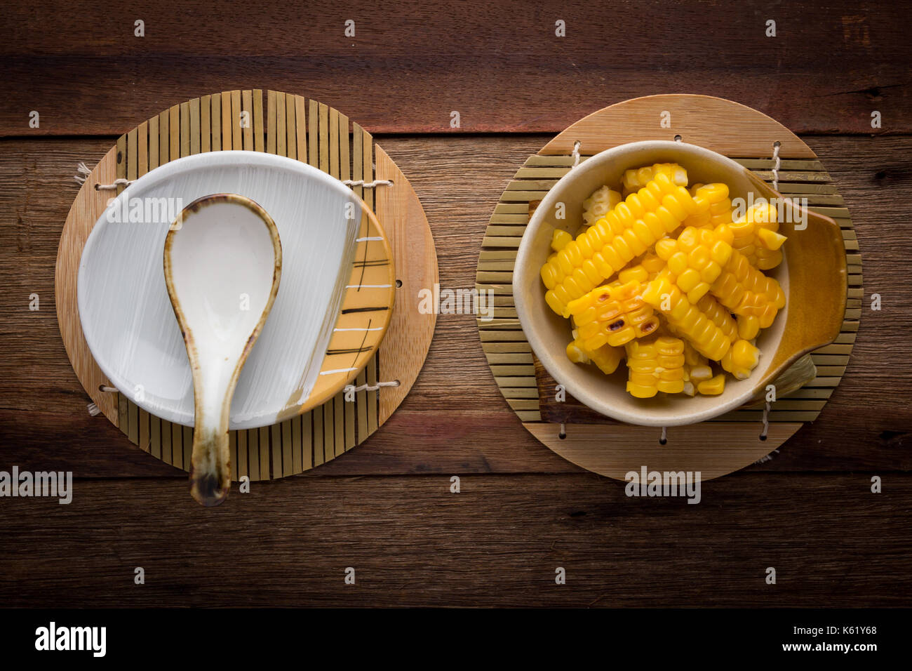 split corn on wood background, View from above with copy space Stock ...