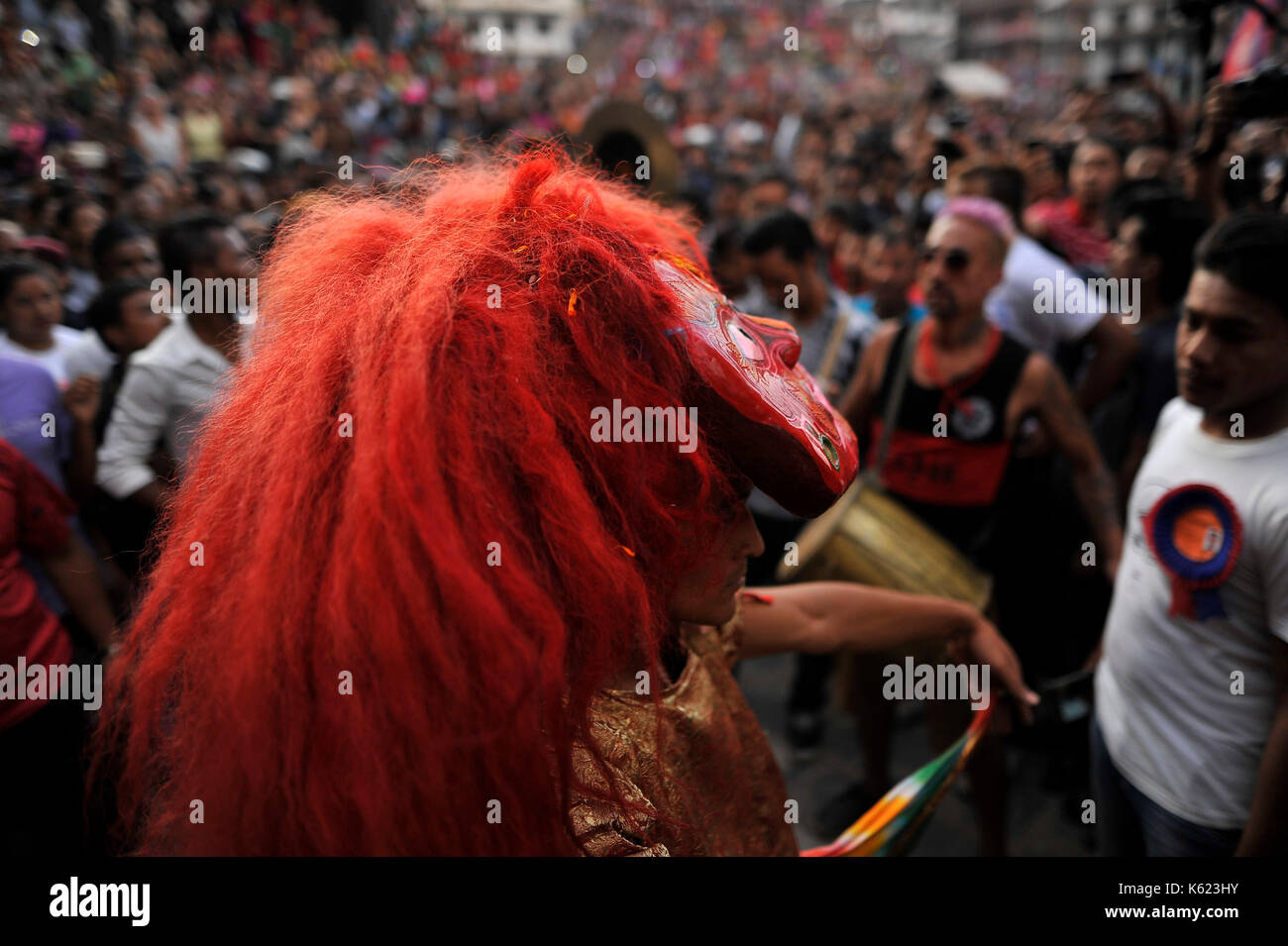Kathmandu, Nepal. 10th Sep, 2017. A mask dancer 'Lakhay', dancing in ...