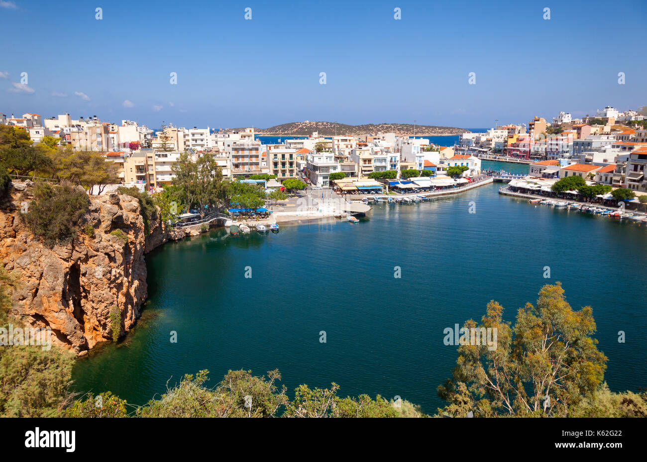 Aerial view of Agios Nikolaos, a coastal picturesque town in Eastern ...