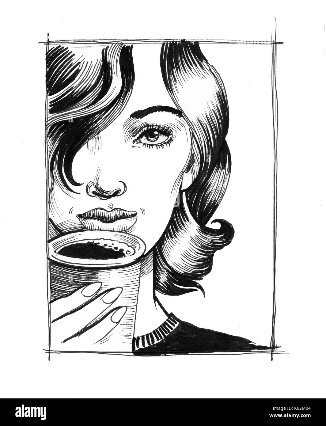 Pretty woman drinking coffee Black and White Stock Photos & Images - Alamy