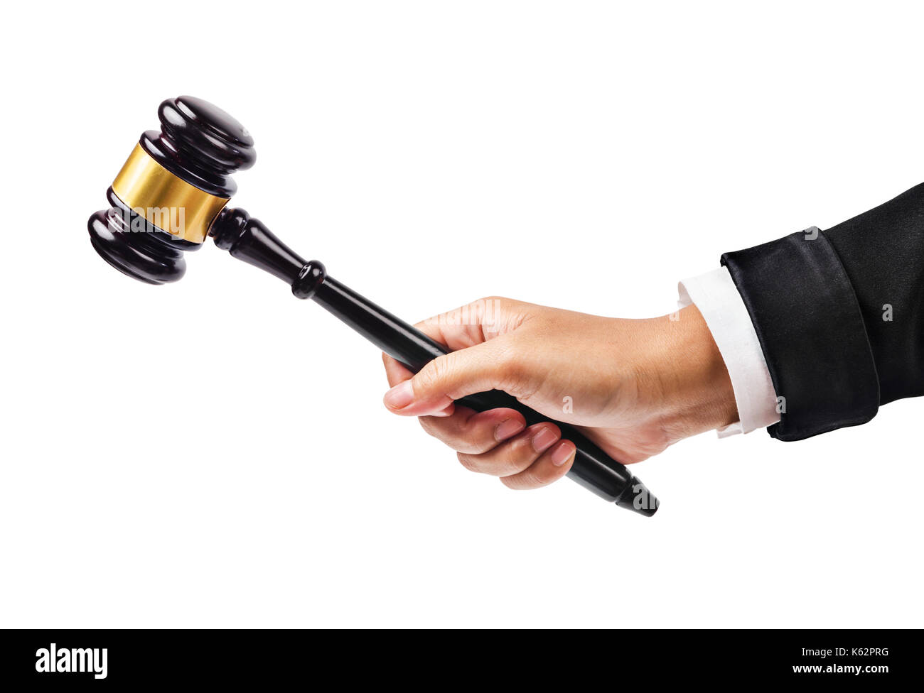 Male hand holding wooden gavel isolated on white background. Save ...