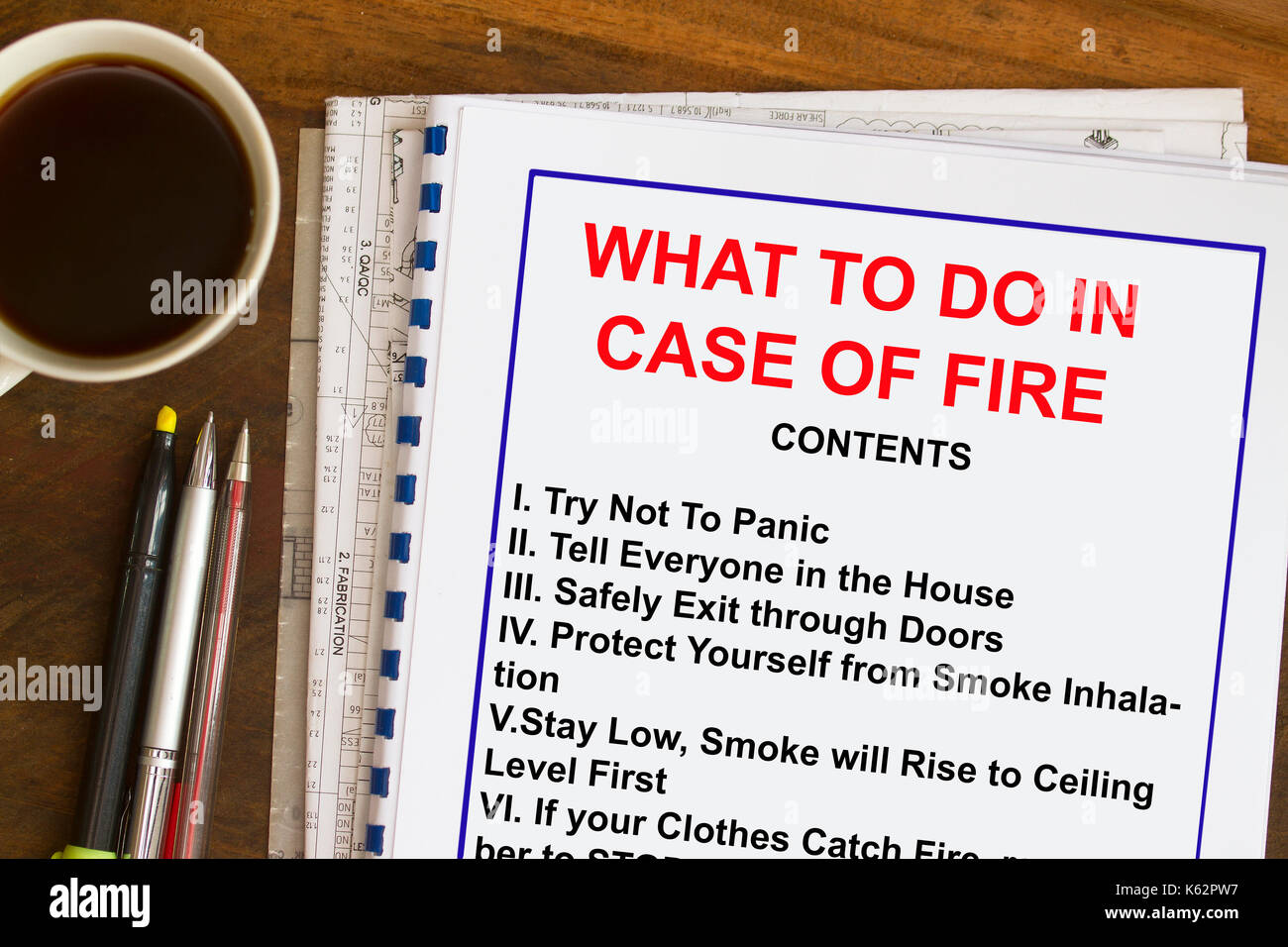What to do in case of fire concept- complete with contents Stock Photo ...