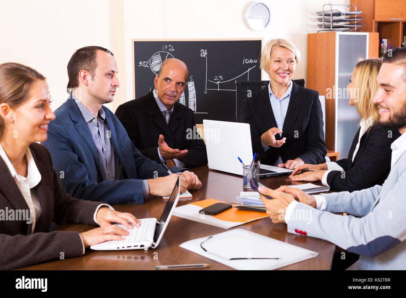 Productive brainstorming in modern office during conference call Stock ...