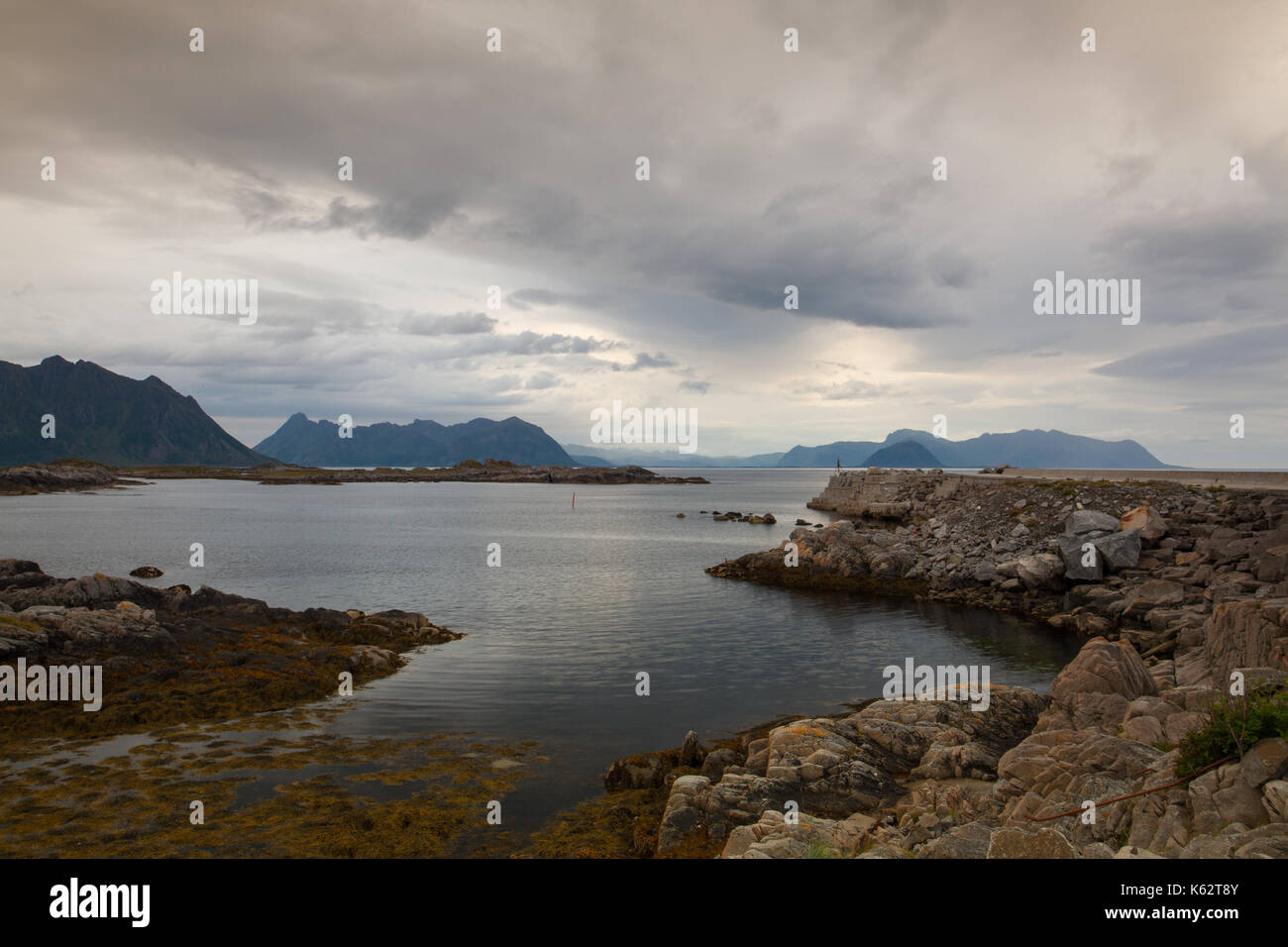 On the pier in Laukvik at sunset, Lofoten islands, Nordland, Norway ...