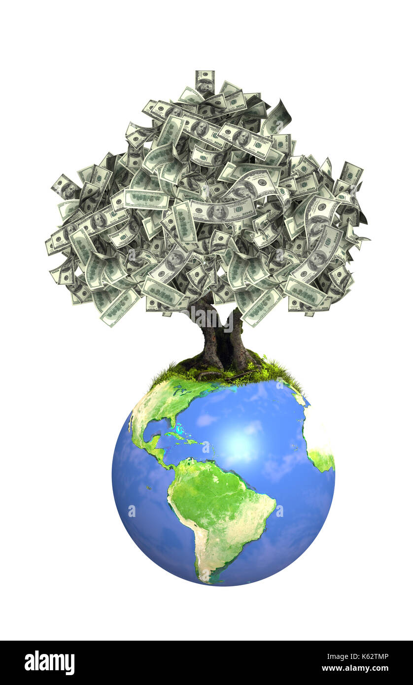 Money tree with dollar banknotes on Earth. Isolated on white background ...